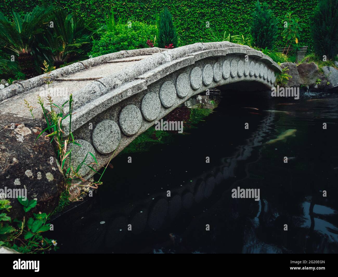 Old stone footbridge over the river at the Tropical gardens of Monte ...