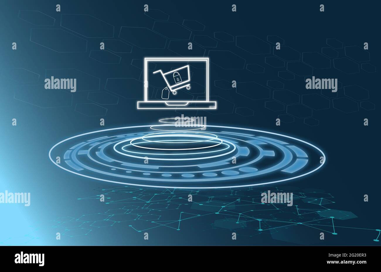 Shopping cart icon network connection on blue virtual screen interface ...