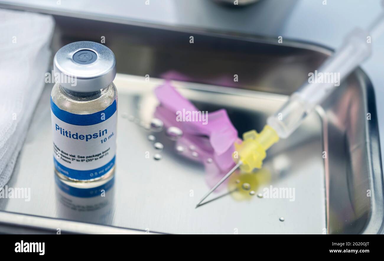 vial with antiviral chemical compound plitidepsin, This formulation has ...