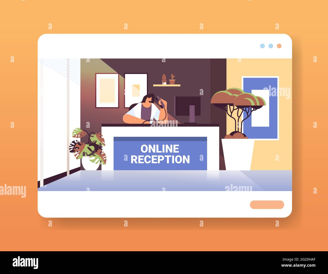 woman receptionist at online reception desk horizontal Stock Vector ...