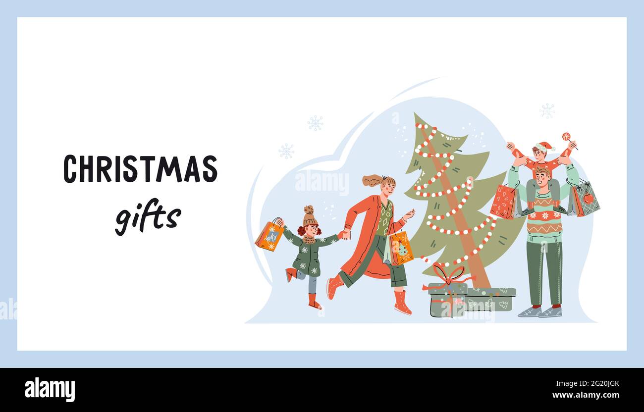 Christmas shopping. Web page for Christmas market or fair sale, cartoon ...