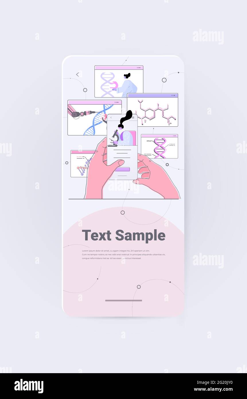 woman scientist using microscope analyzing DNA structure on smartphone ...