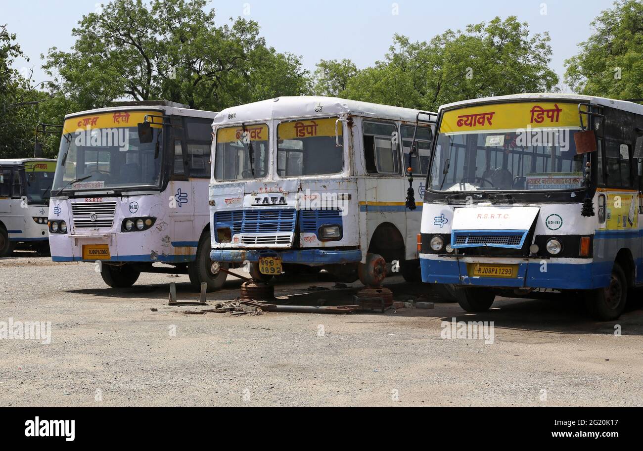 Beawar, Rajasthan, India, June 7, 2021: Buses repair work in progress ...