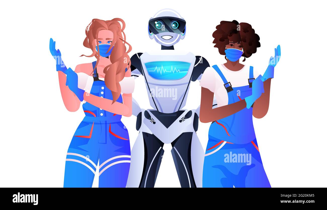 robotic janitor with women cleaners standing together cleaning service ...