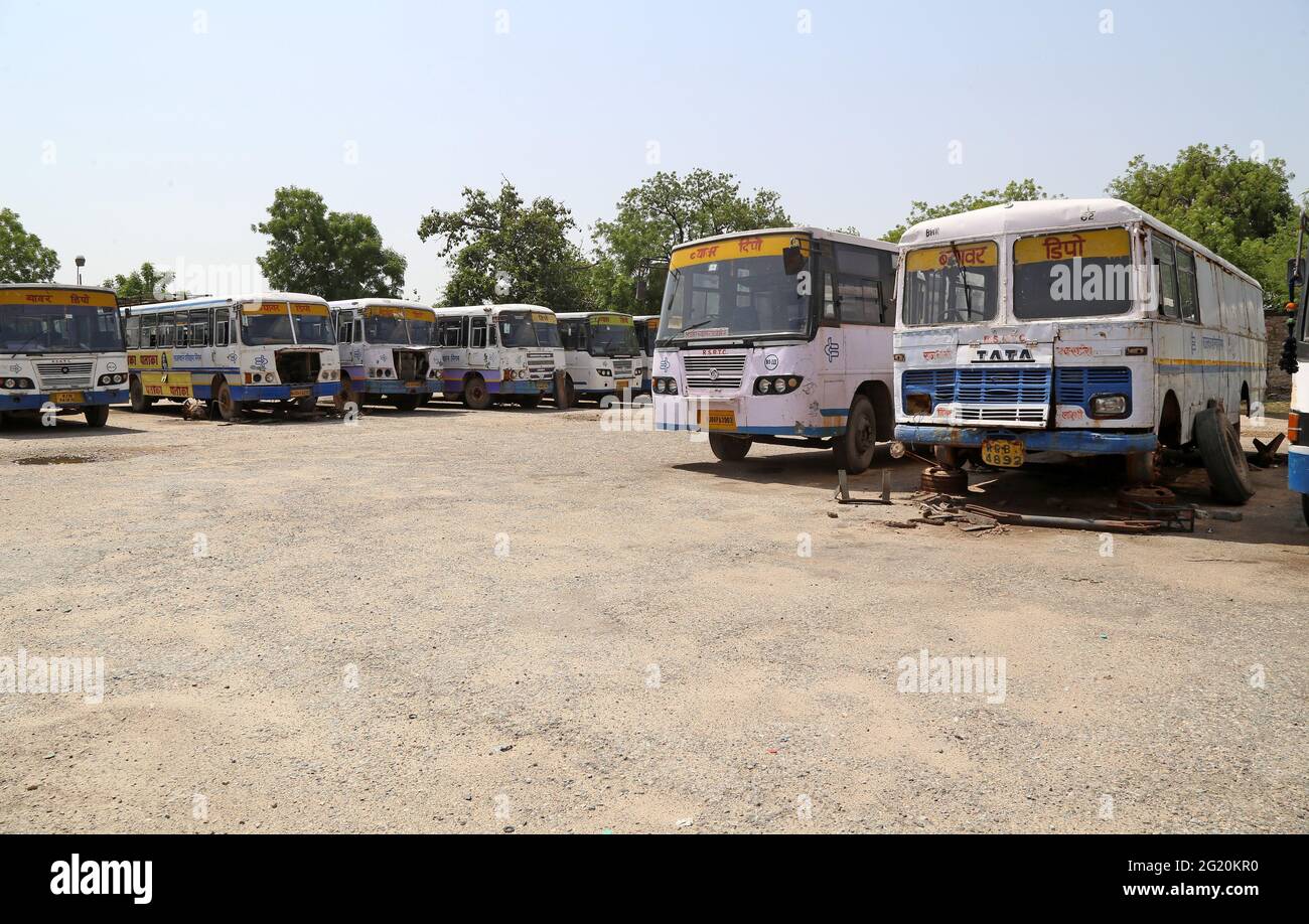 Beawar, Rajasthan, India, June 7, 2021: Buses repair work in progress ...