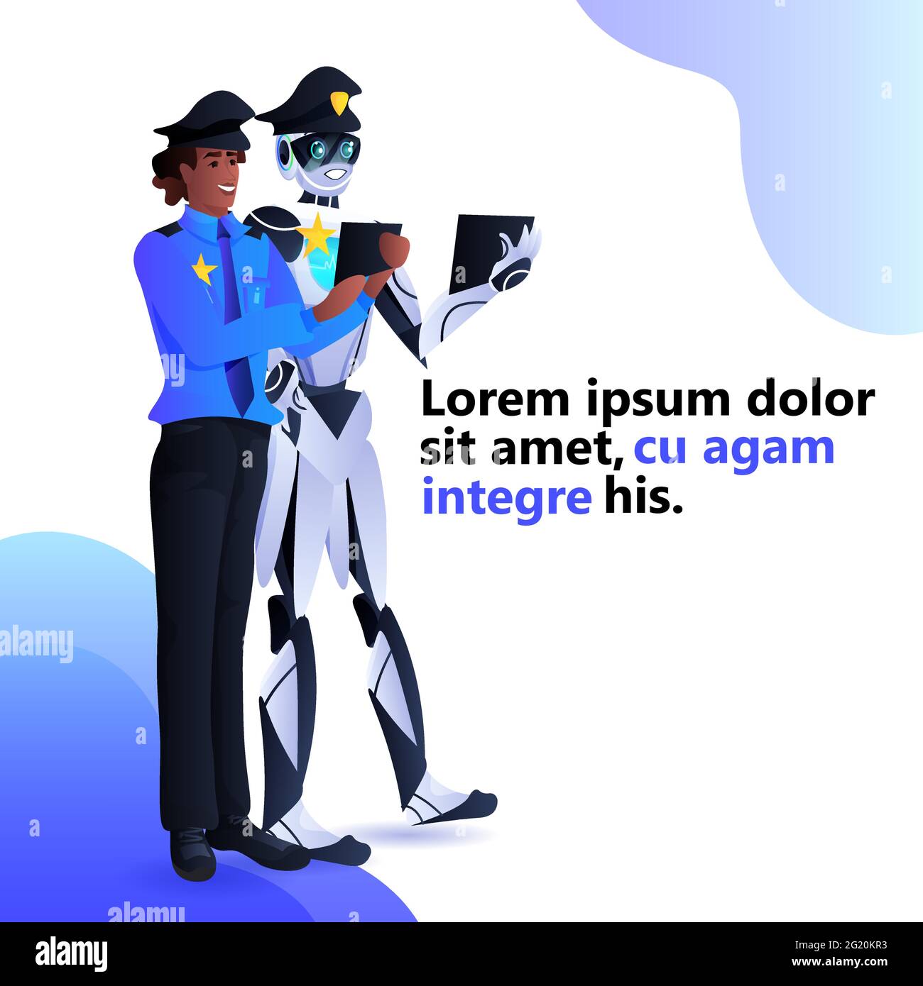 police robot with african american patrol man cops in uniform using ...