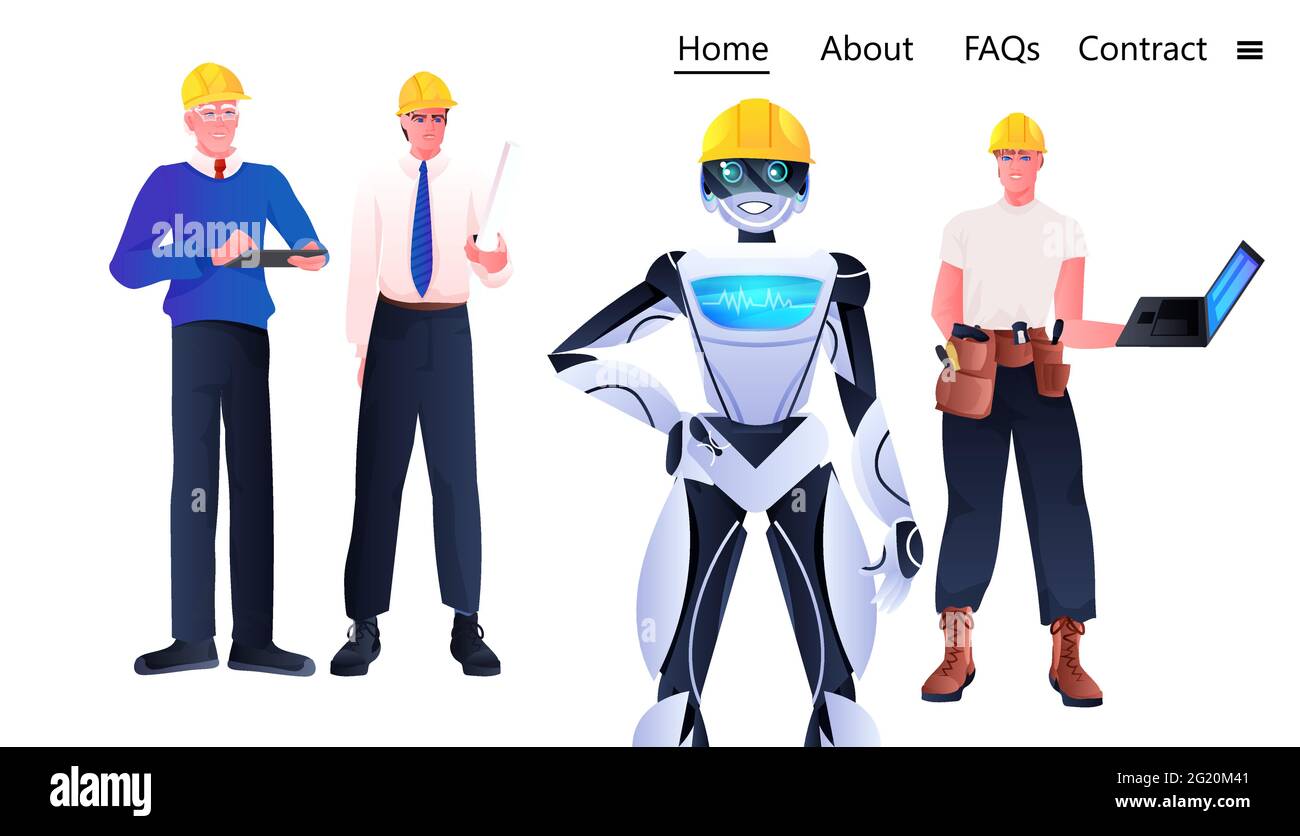 robot and workmen engineers in hardhats standing together construction ...