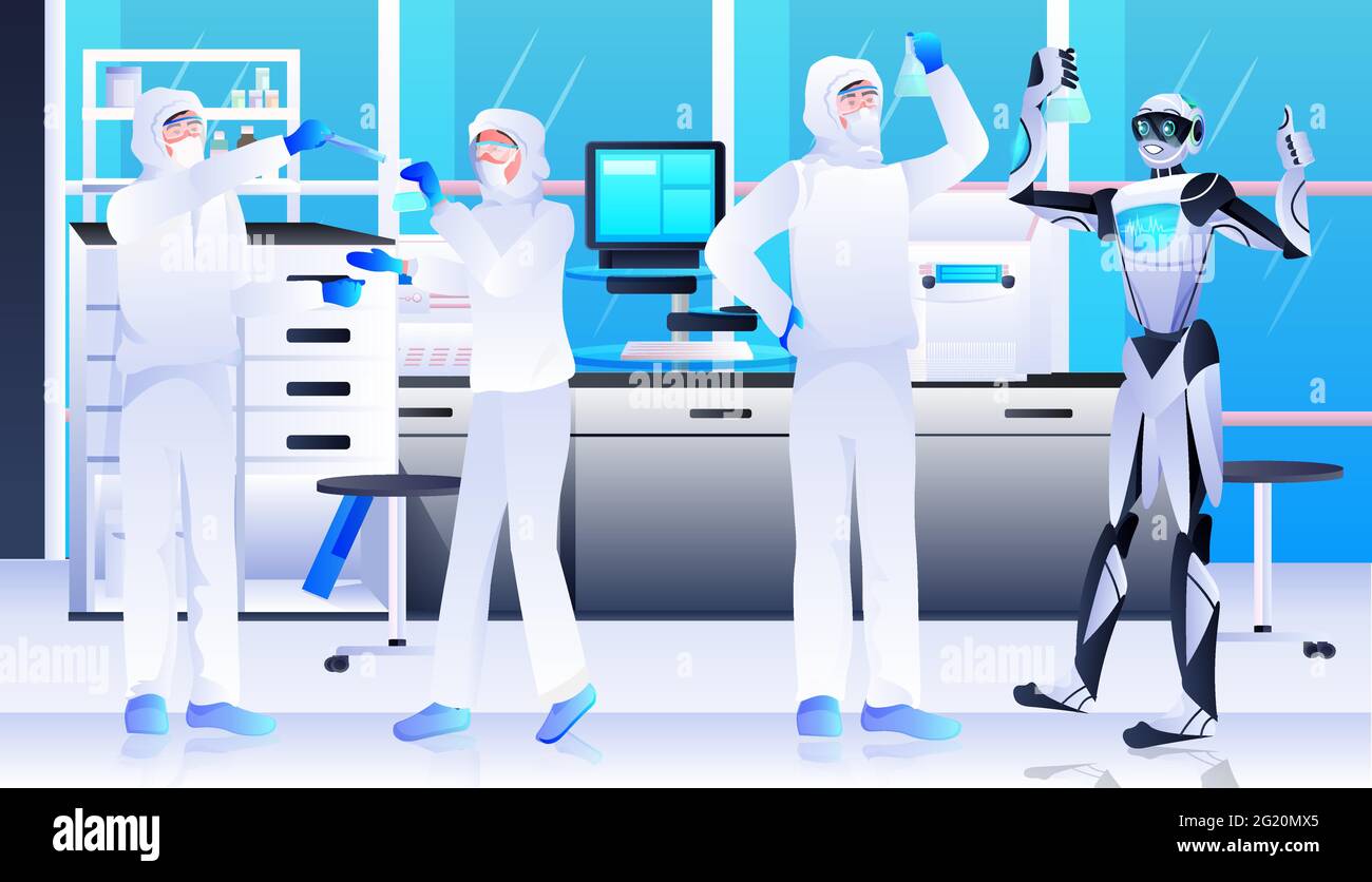 robot with scientists in protective suit making experiments in lab ...