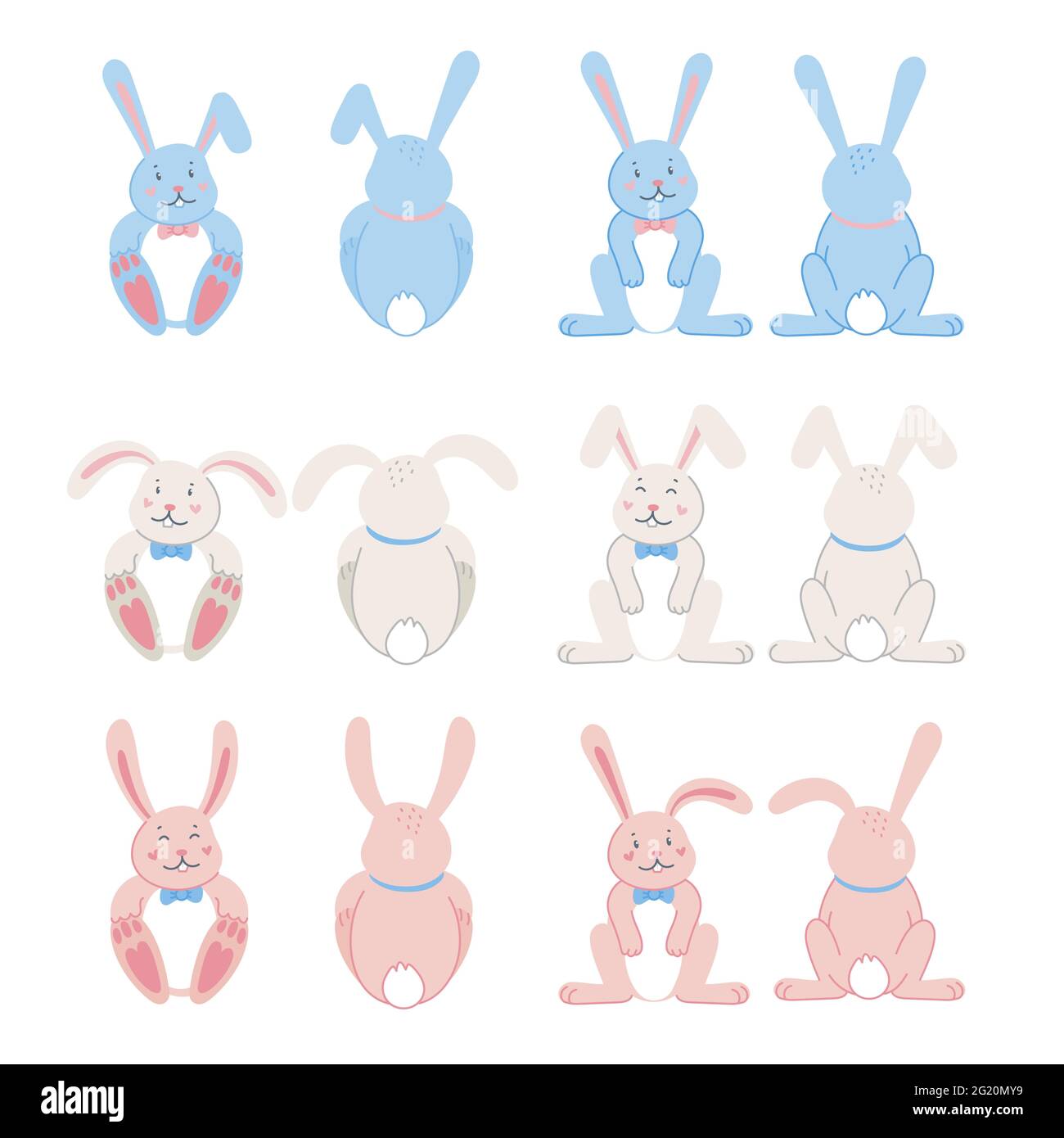 Easter rabbits. Easter cartoon bunny from front and backside on white ...