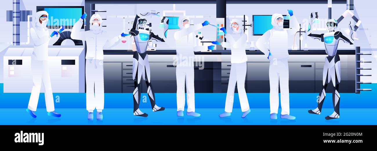 robots with scientists in protective suit making experiments in lab ...