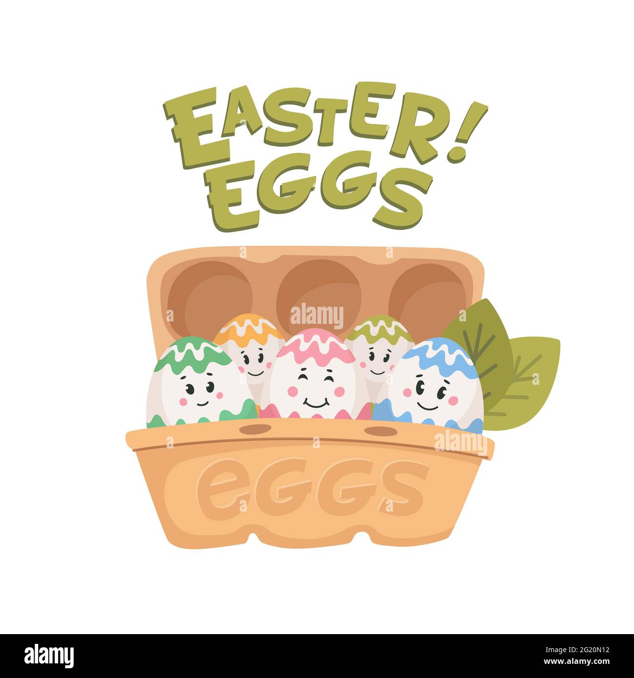Easter eggs. Colored eggs with cute faces in carton box. Easter eggs ...