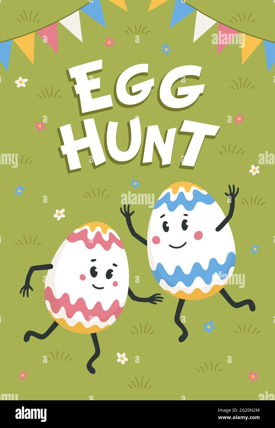 Egg hunt poster. Colored eggs with cute faces dancing on a green lawn ...
