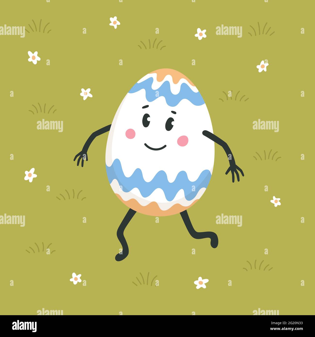 Happy easter greeting card. Colored egg with cute face dancing on a ...