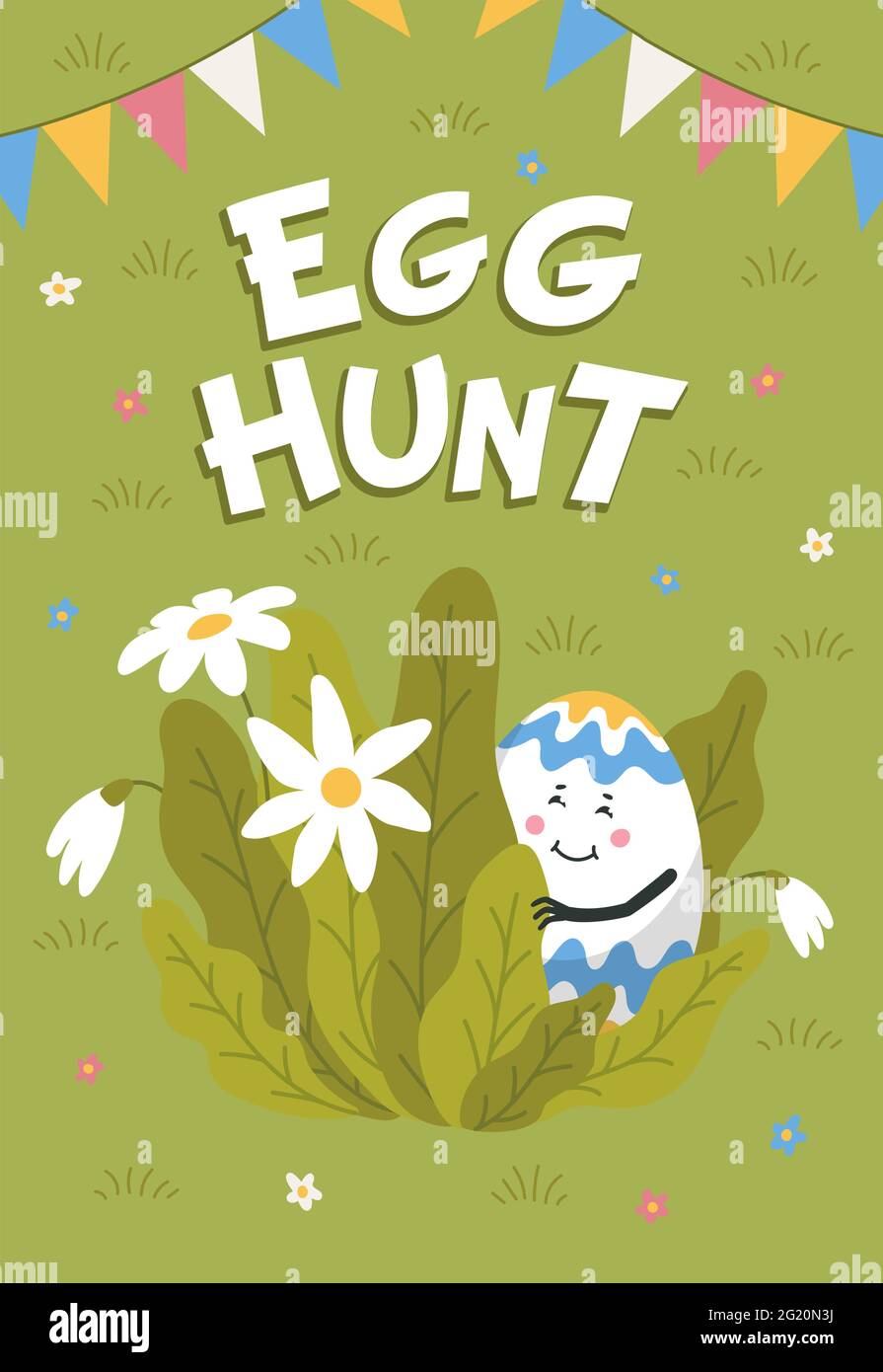 Happy easter poster. Colored egg with cute face hiding on a green lawn ...