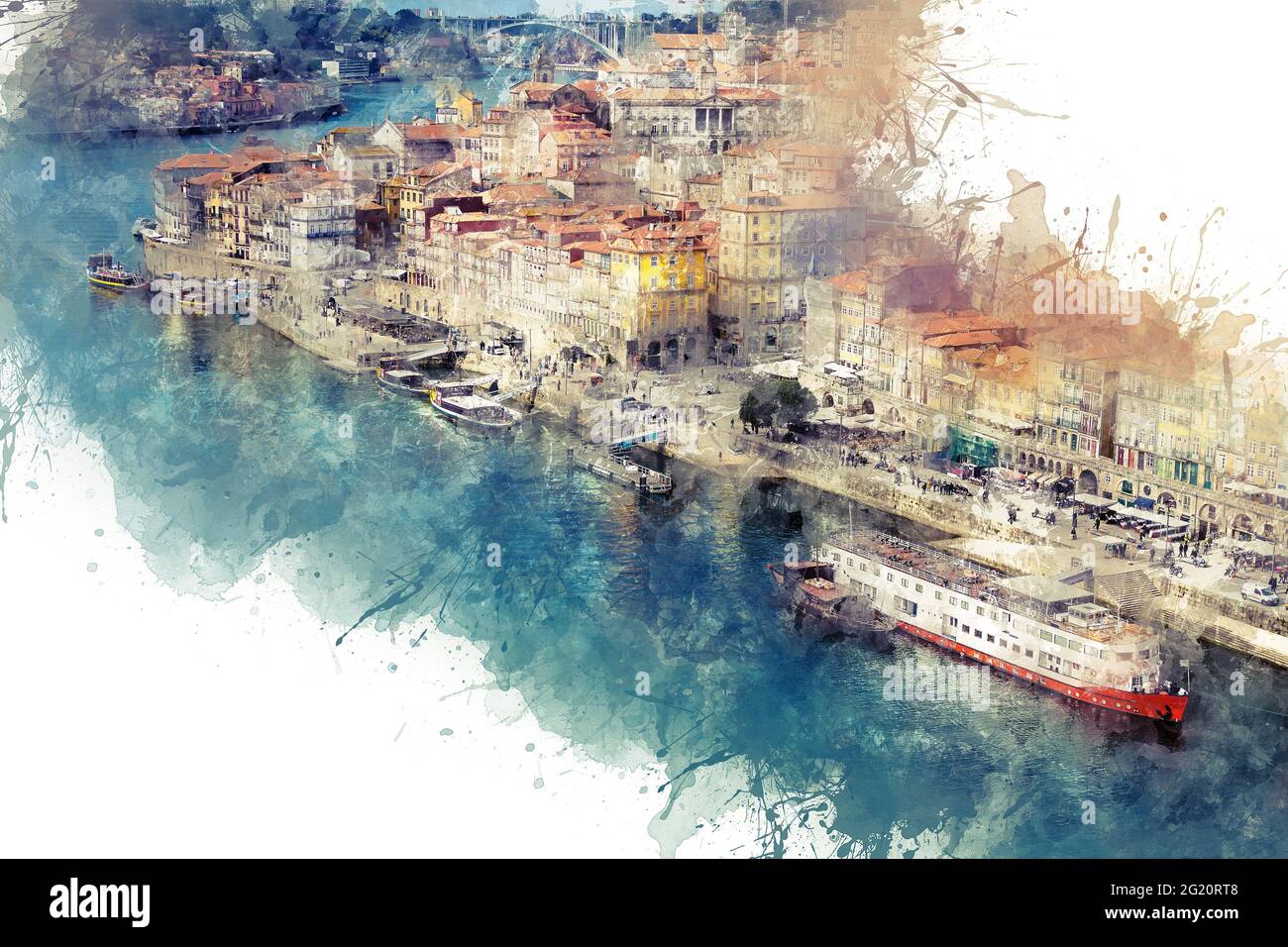 Watercolor drawing, illustration. City landscape, view of the city from ...