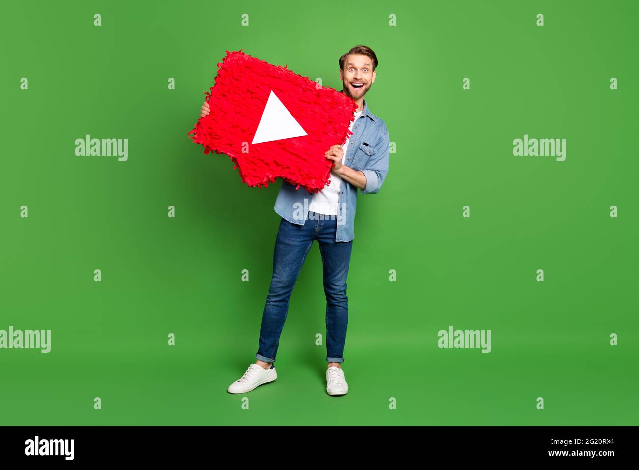 Full length body size photo of man keeping social media icon asking to ...