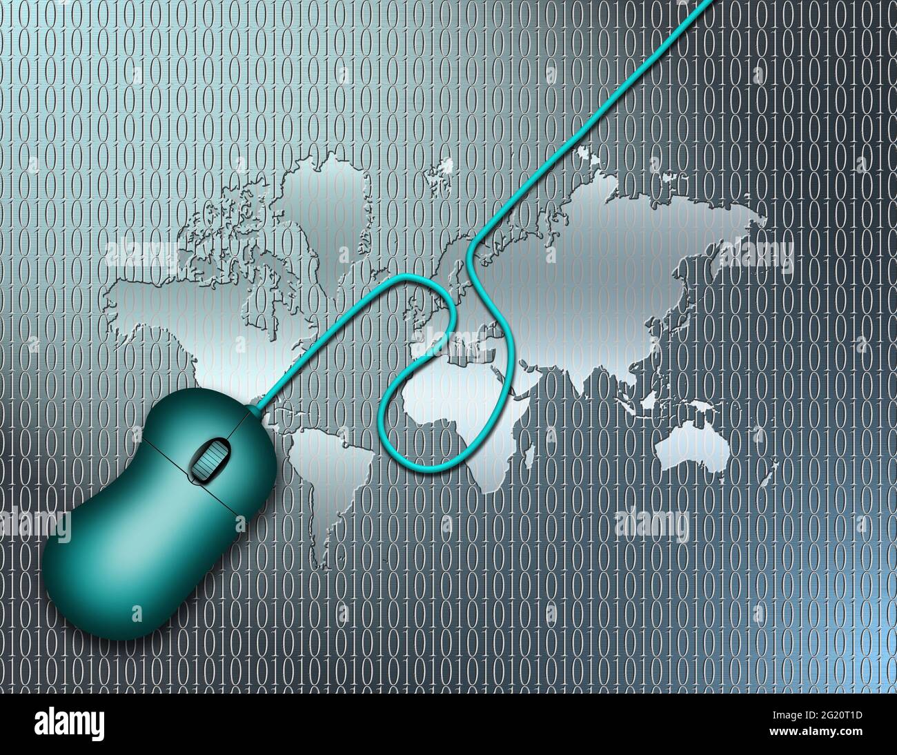 World map and PC mouse on seamless binary code background. 3D rendering ...