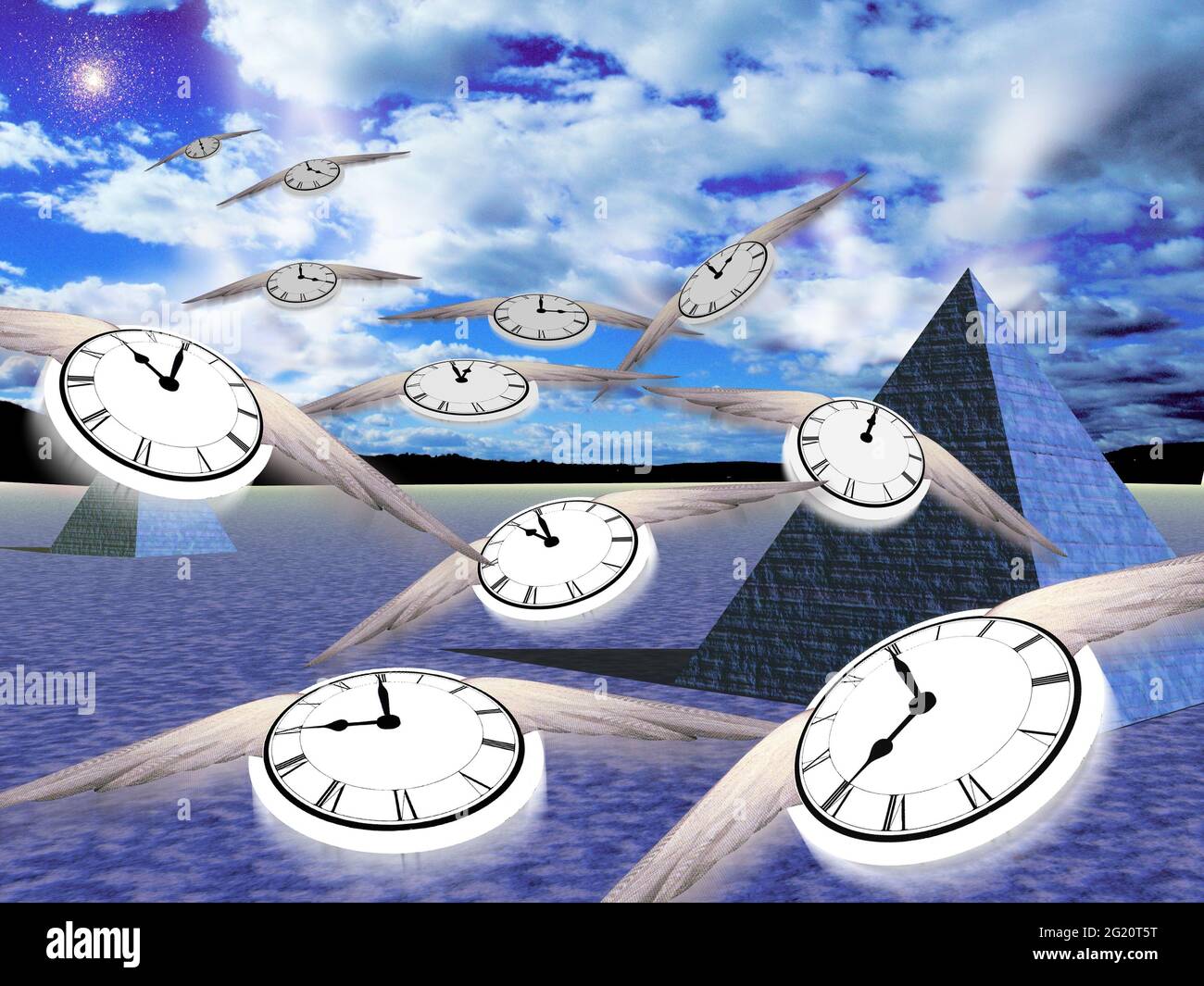 Eternal pyramids. Winged clocks represent flow of time. 3D rendering ...