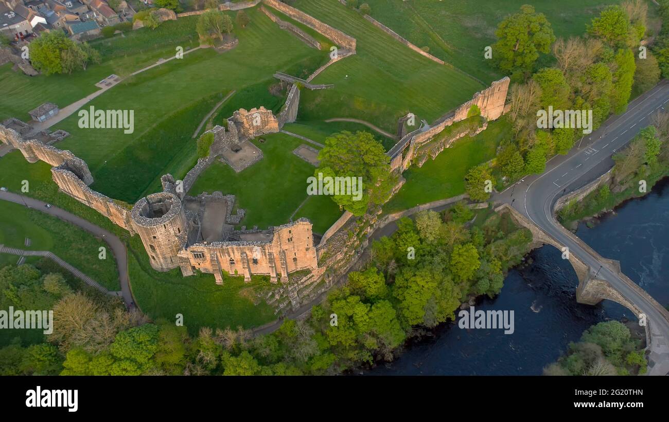 An aerial view of the fortress in Barnard Castle, County Durham, UK ...
