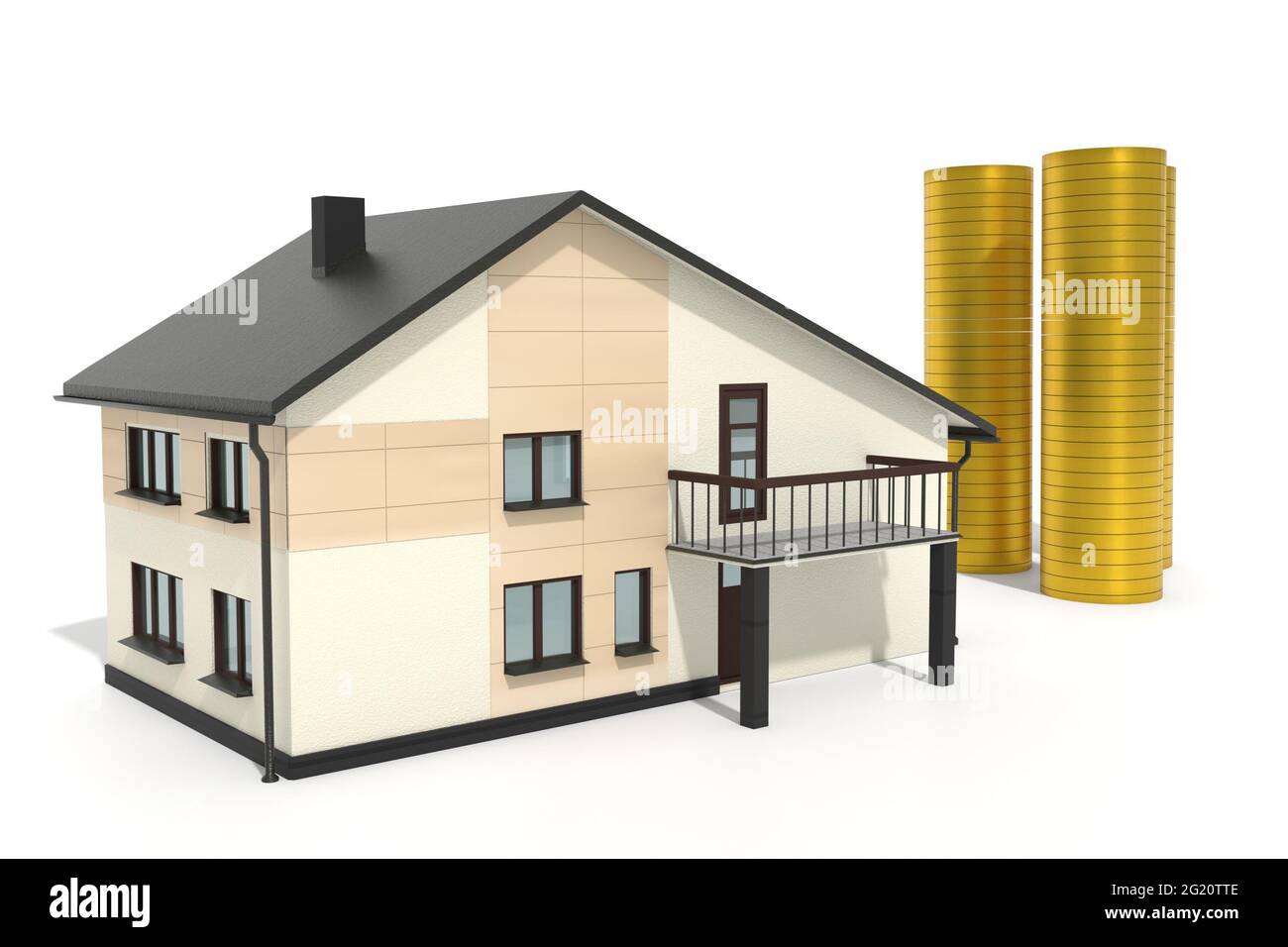 3D illustration. Home and a stack of gold coins Stock Photo - Alamy