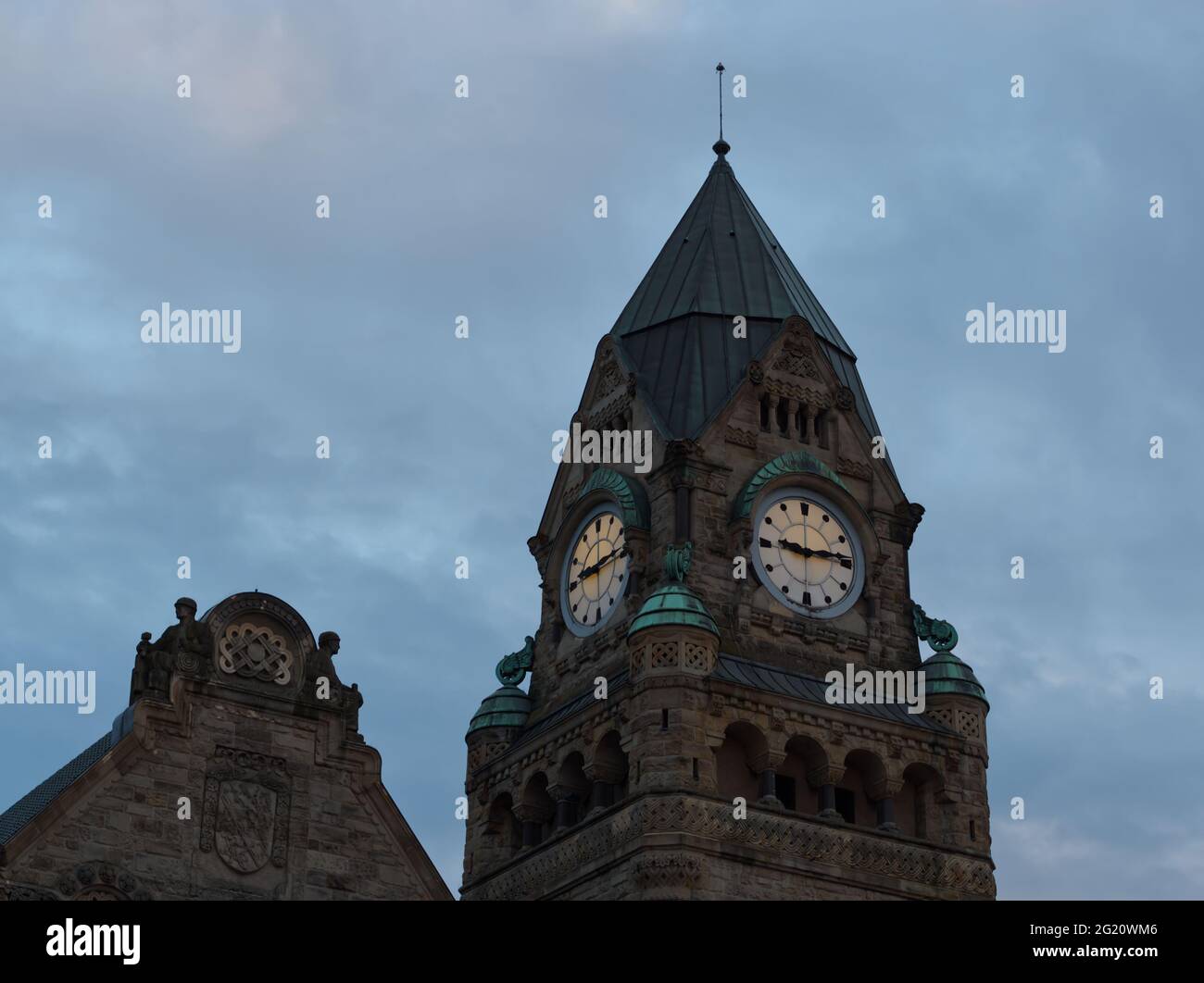 View of the tower of the famous train station in Metz by night Stock ...