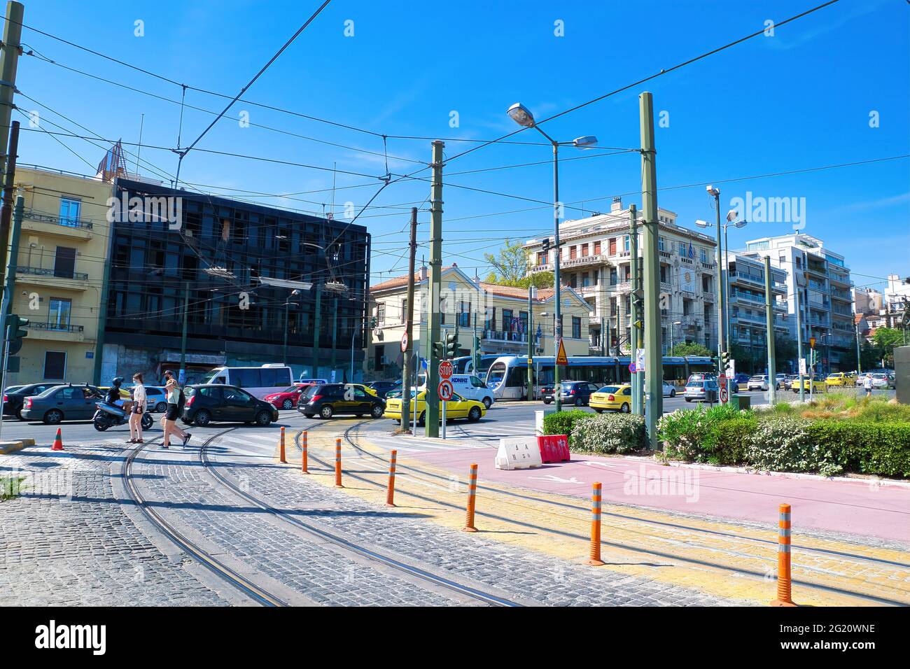 ATHENS, GREECE - May 05, 2021: The Athens Tram is the modern public ...