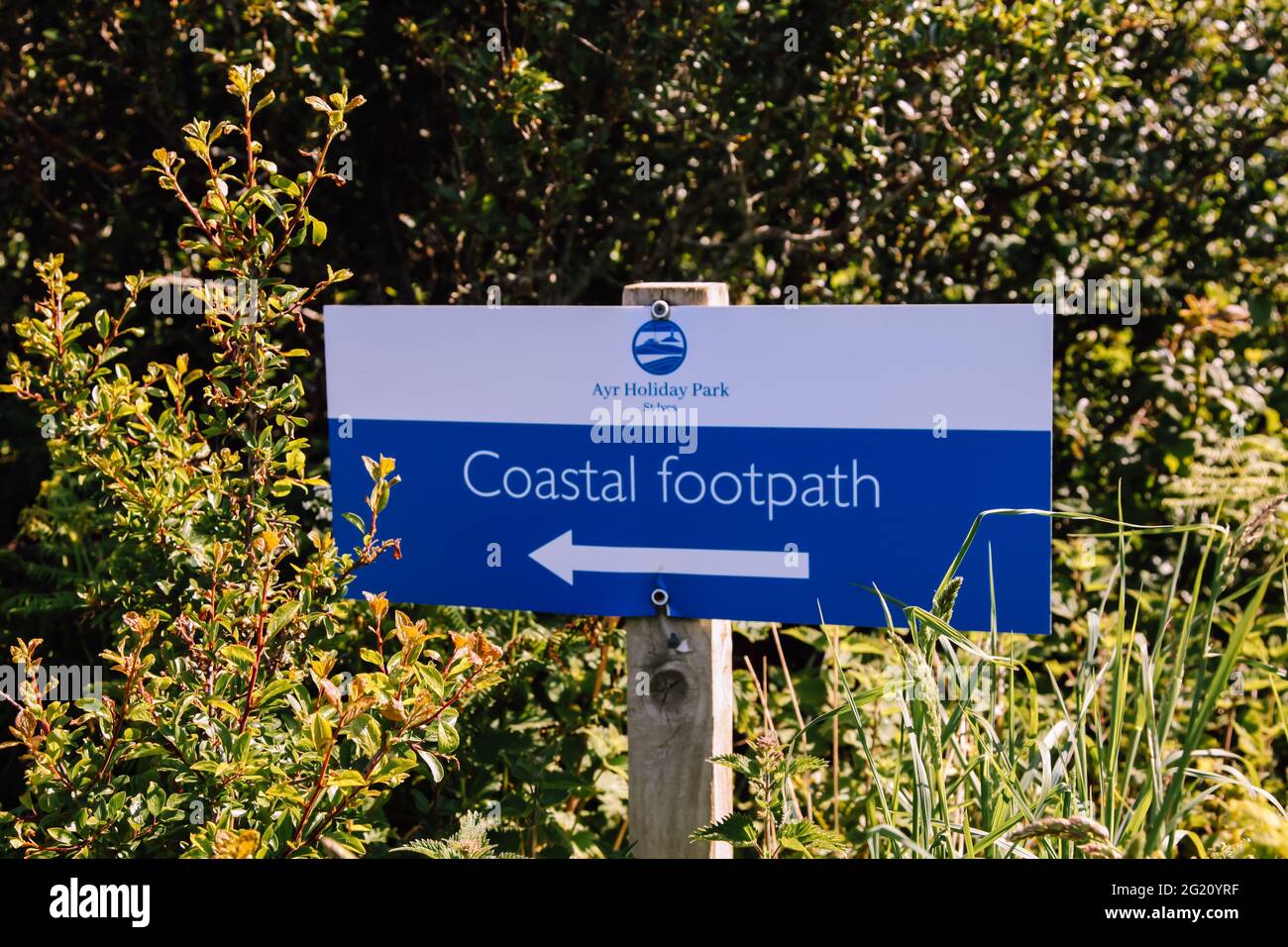 Ayr Holiday Park Coastal Footpath sign, St. Ives, Cornwall, UK, June ...