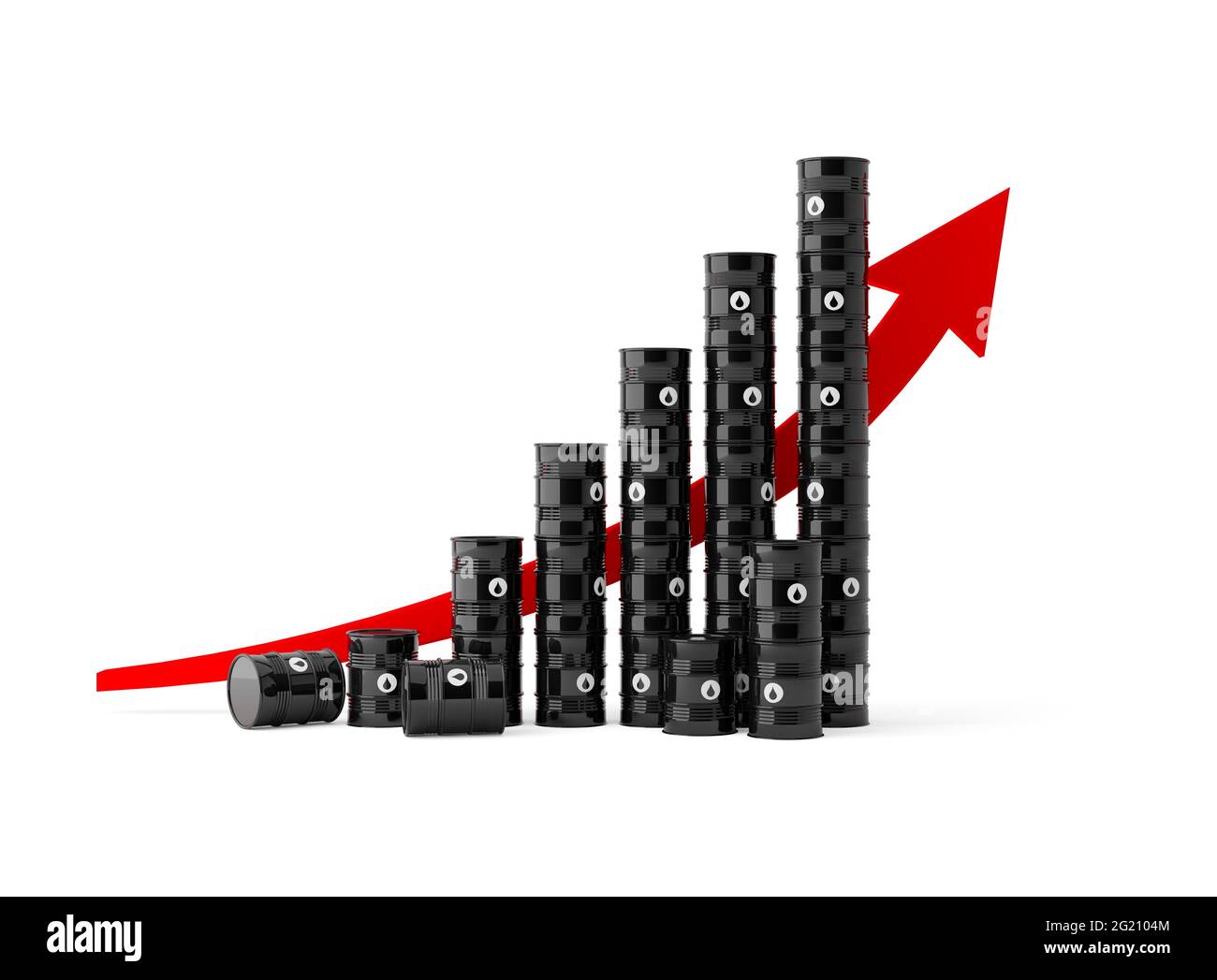 Black oil or fuel barrels with red rising stock chart curve, oil price ...