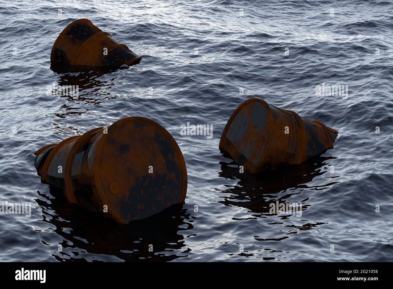 Rusty oil barrels floating on blue ocean, environmental pollution or ...