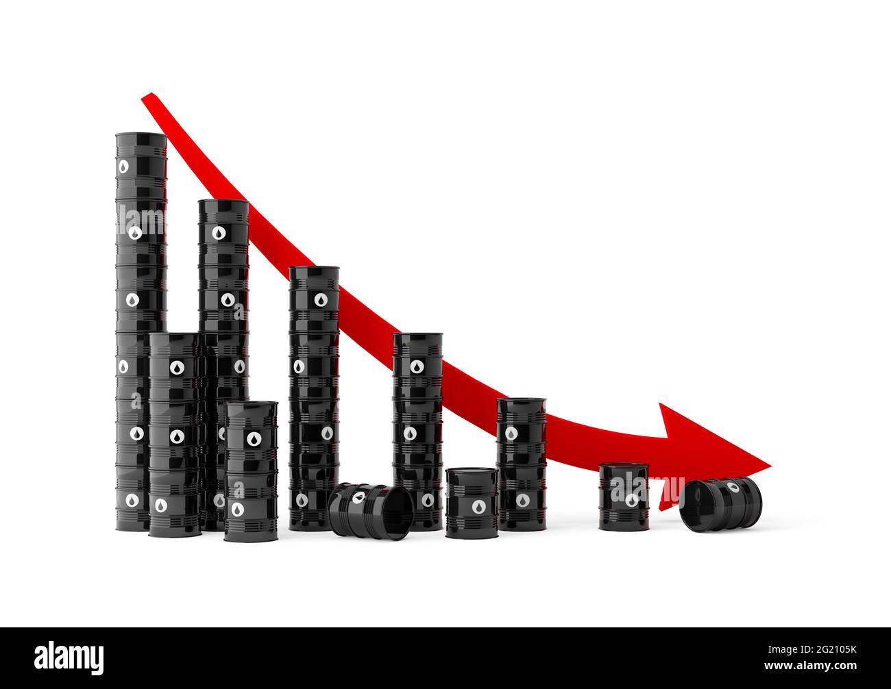 Black oil or fuel barrels with red falling stock chart curve, oil price ...