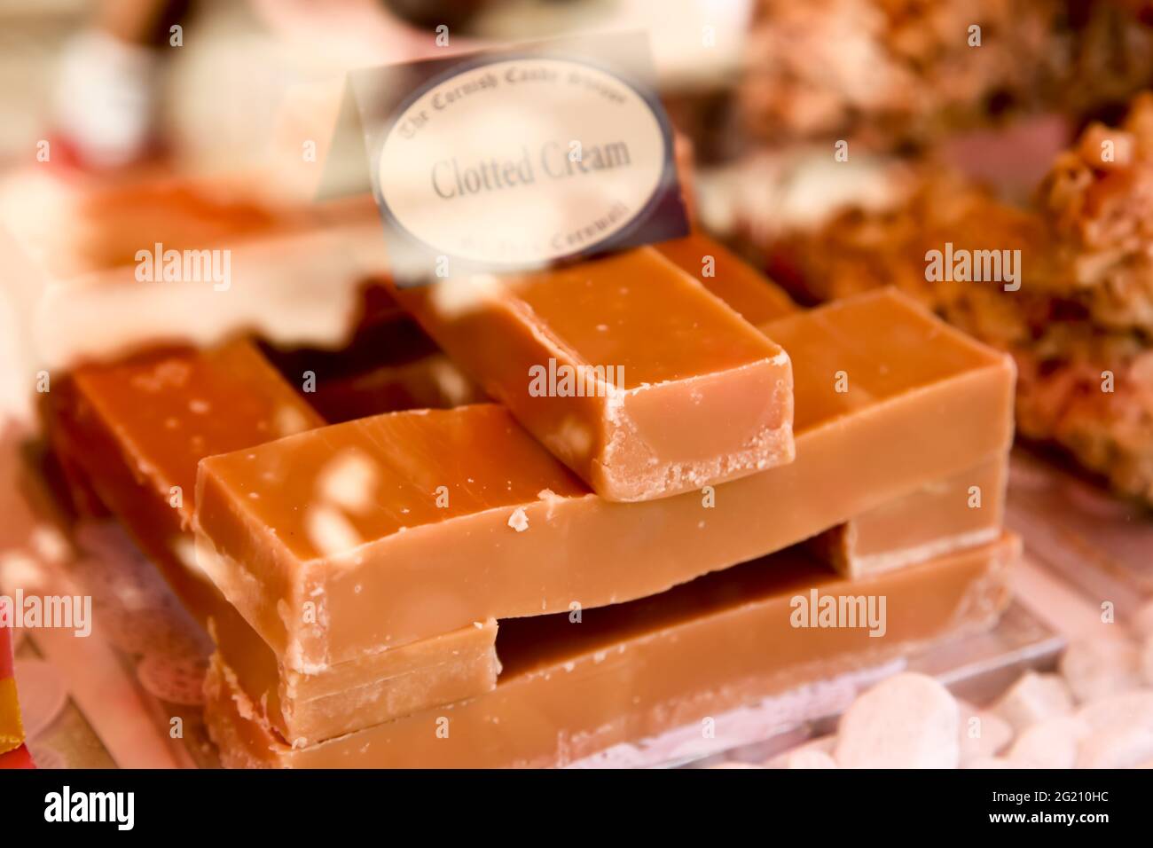 Hand made Clotted Cream Fudge through shop window, St. Ives, Cornwall ...