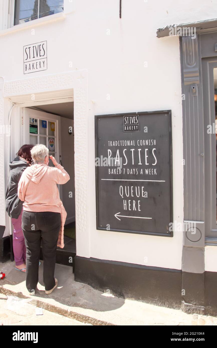 Pasties sign at St. Ives Bakery, Cornish bakery, Fore Street, St. Ives ...