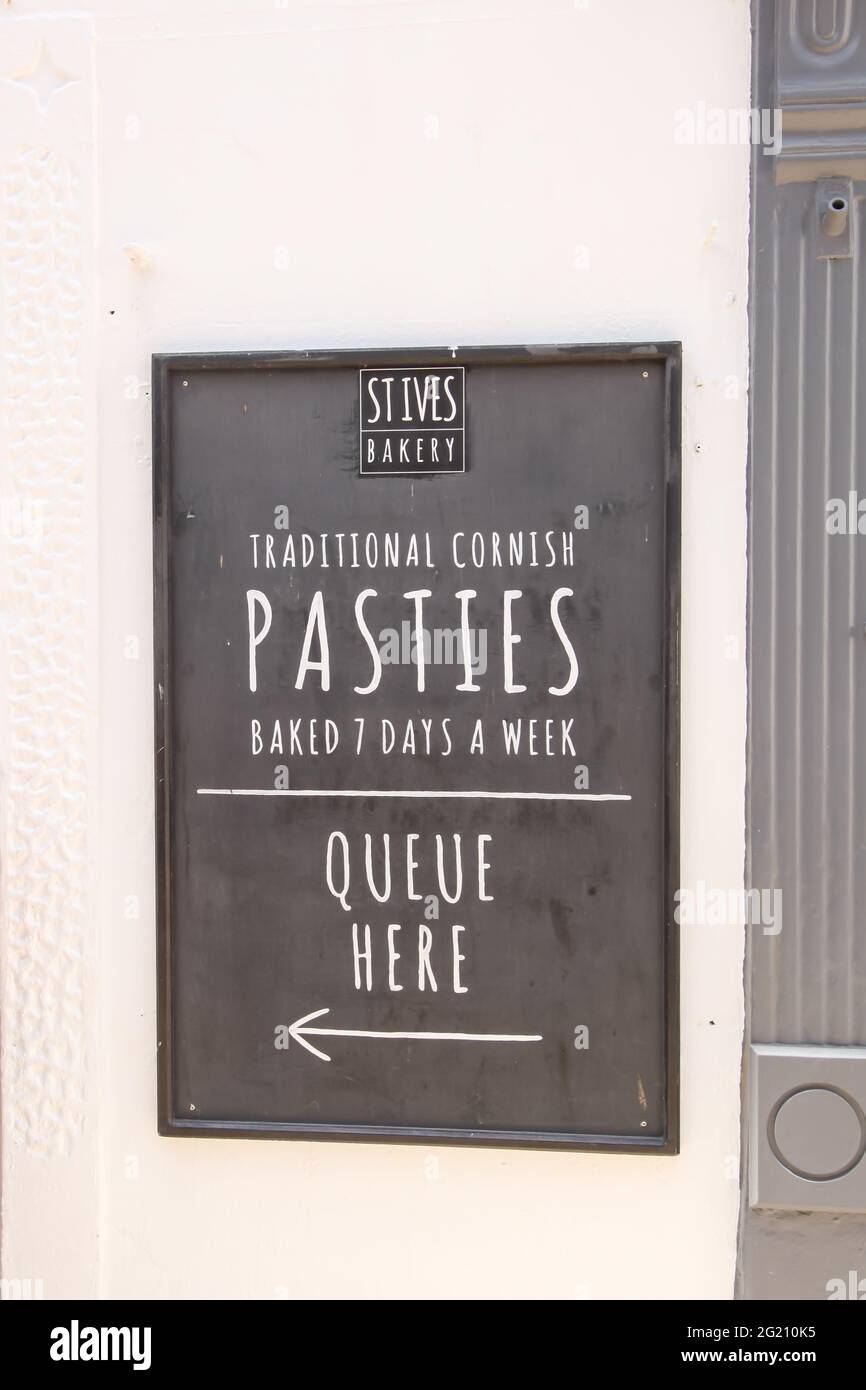 Pasties sign at St. Ives Bakery, Cornish bakery, Fore Street, St. Ives ...
