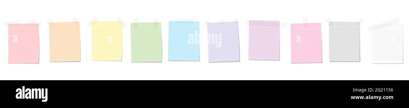Paper notes attached with adhesive stripes, colorful lined shopping ...