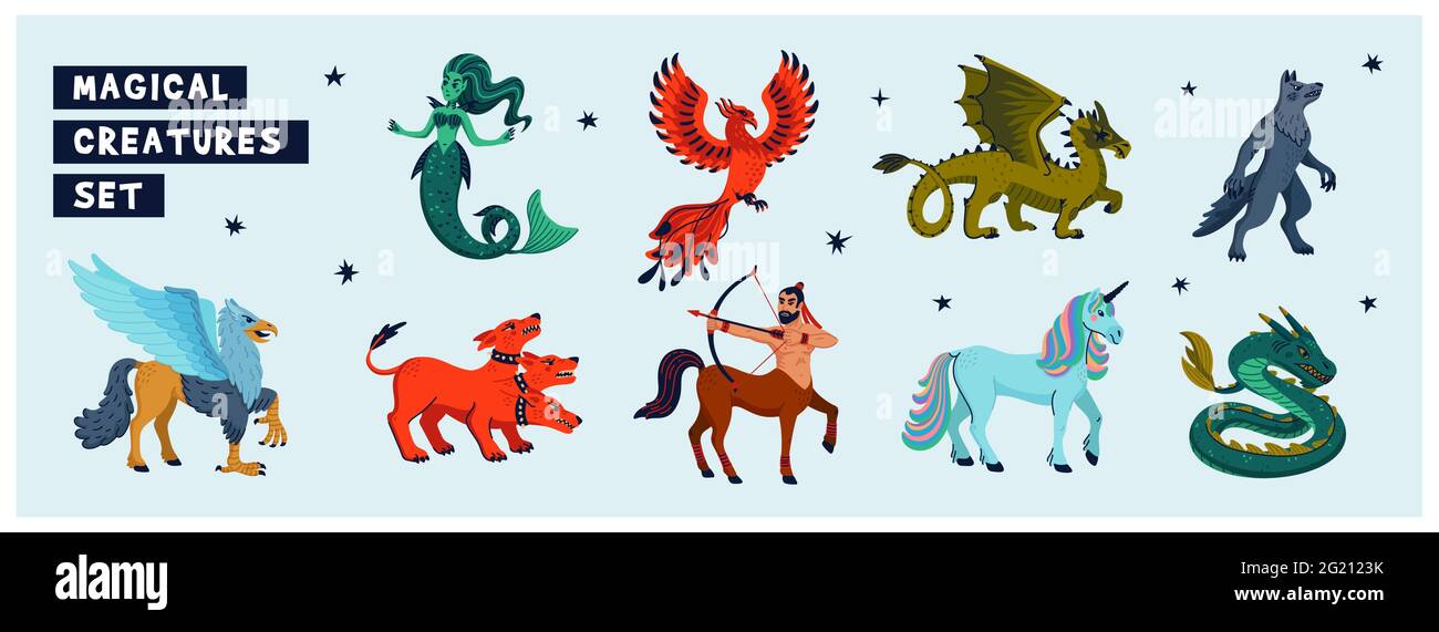 Magical creatures set. Mythological animals. Flat style vector illustration isolated on white ...