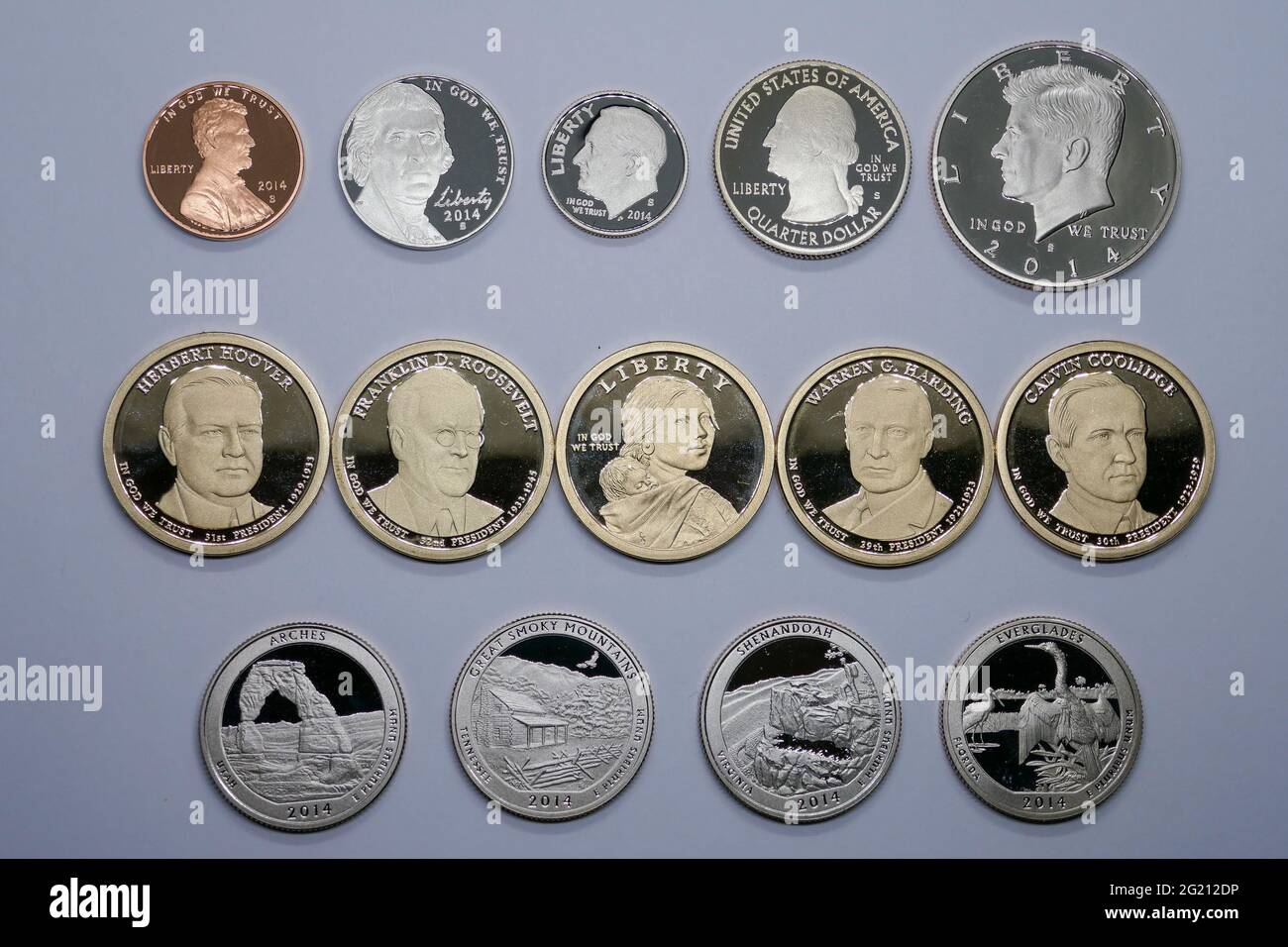 1, 5, 10. 25, 50 cents, 1 Dollar Proof Coins. Mirror finish high relief ...