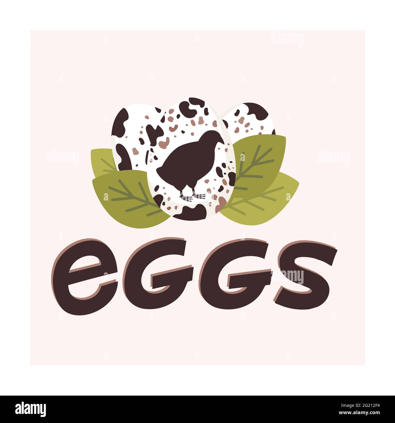 Quail spotted eggs. Fresh farm eggs logo. Silhouette of quail and green ...