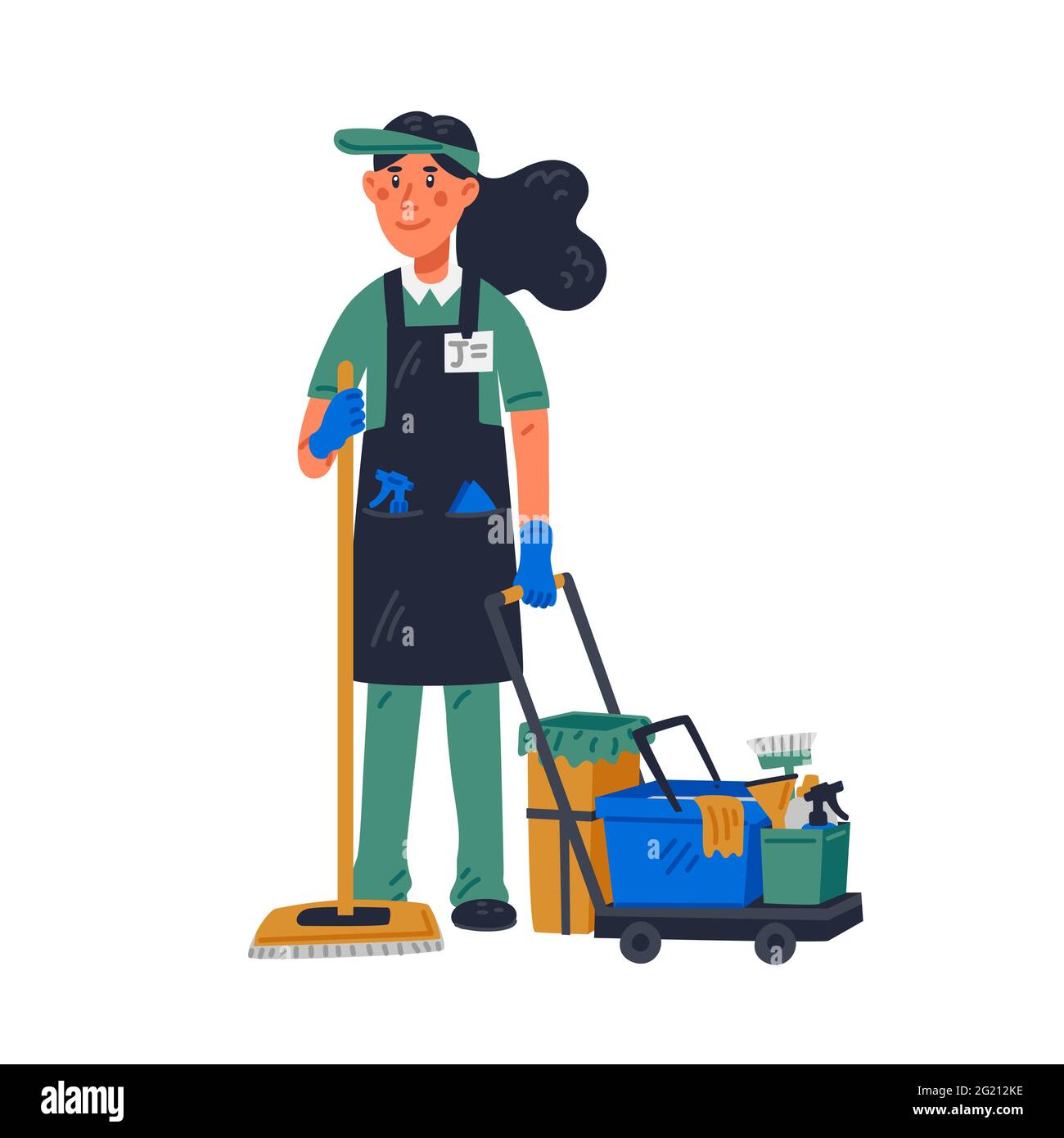 janitor - female janitor in uniform holding mop and cleaning trolley ...