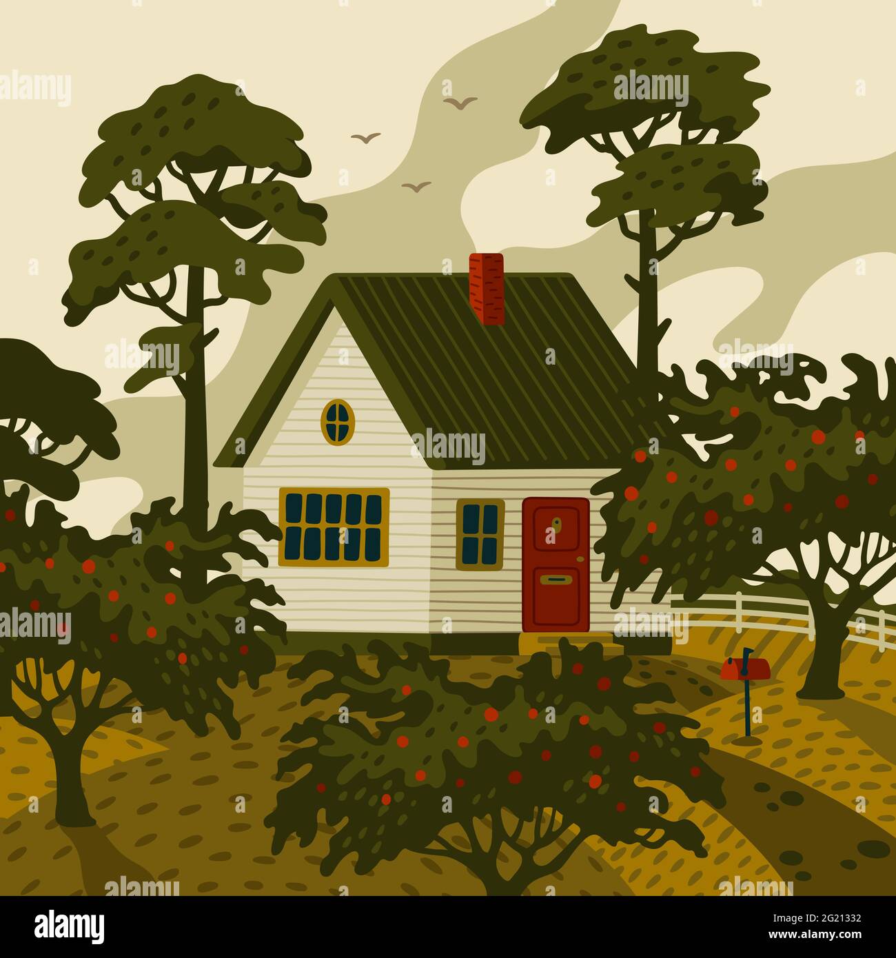 Farm house. Rural landscape with white countryside house in rustic ...