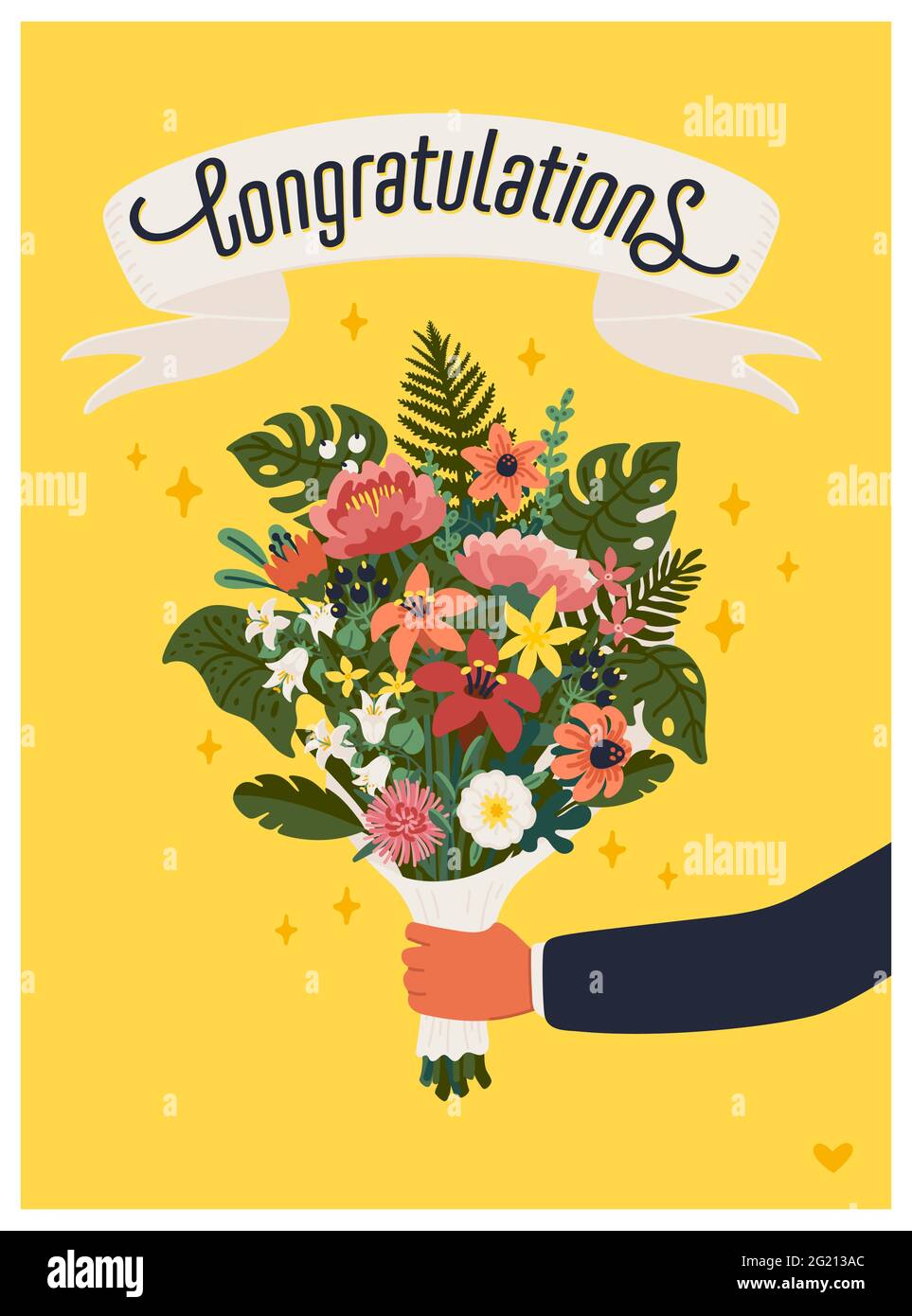 Congratulations card. Arm holding bouquet of flowers on yellow ...