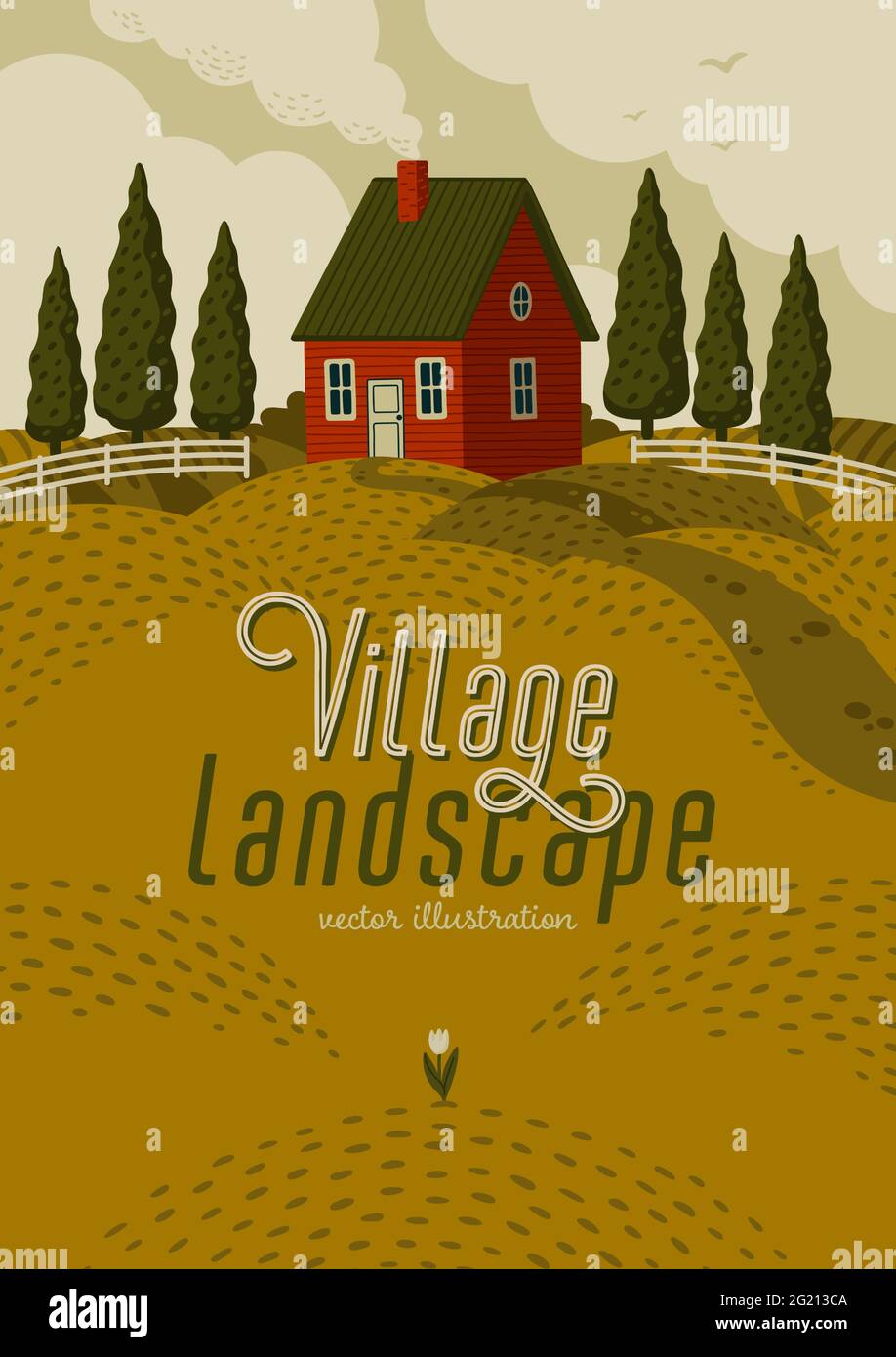 Village landscape. Rural landscape with Red farmhouse in rustic style ...
