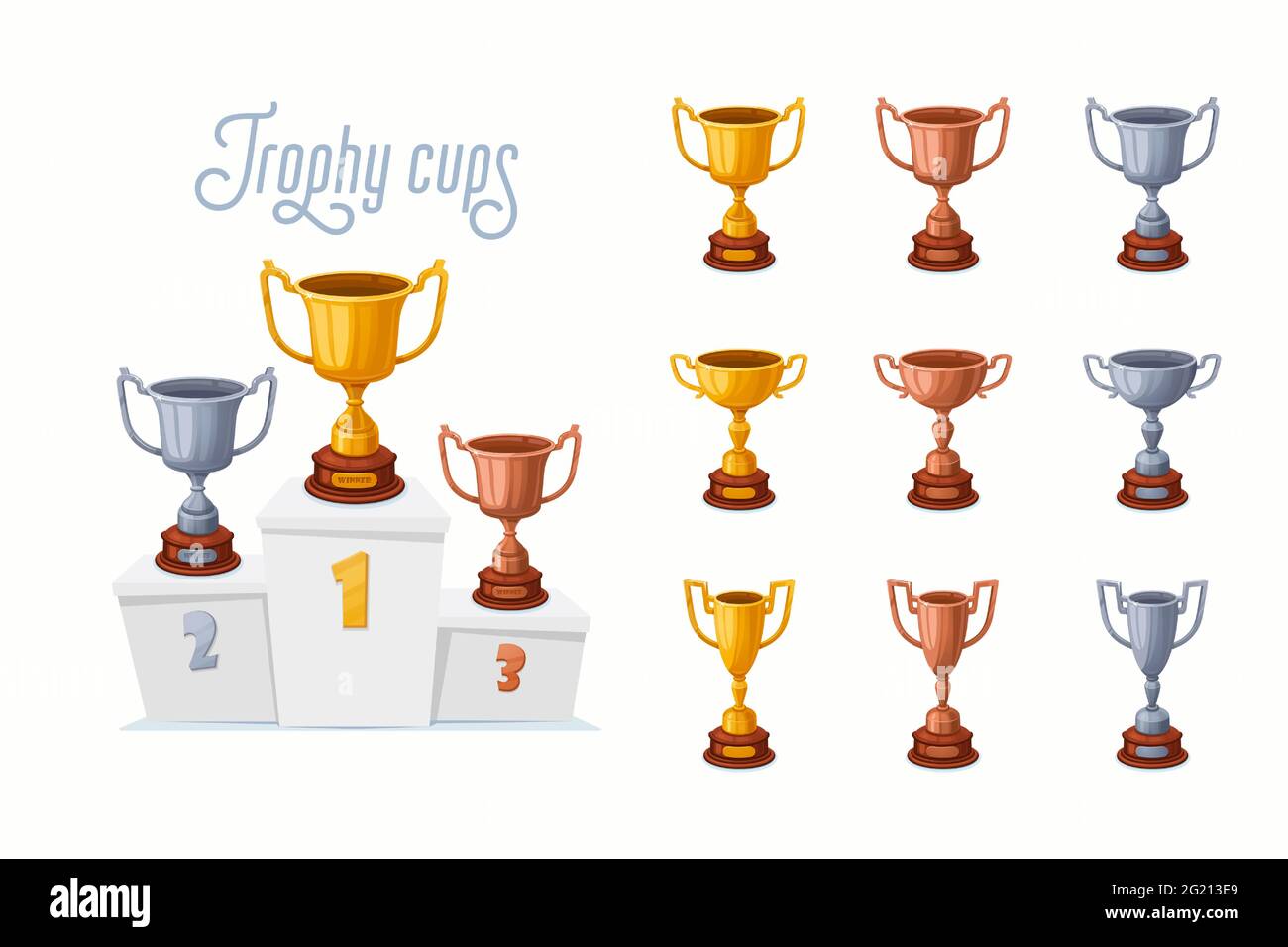 Trophy cups on a podium. Gold, silver, and bronze winner prize cups set ...