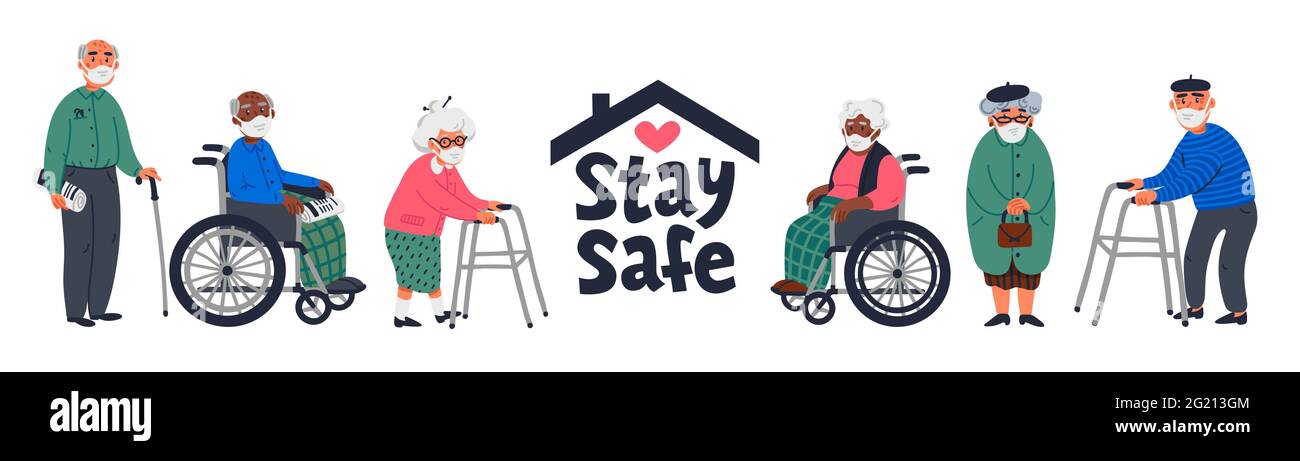 Senior patient protection, stay safe concept. Elderly men and women in ... Senior patient protection, stay safe concept. Elderly men and women in ...