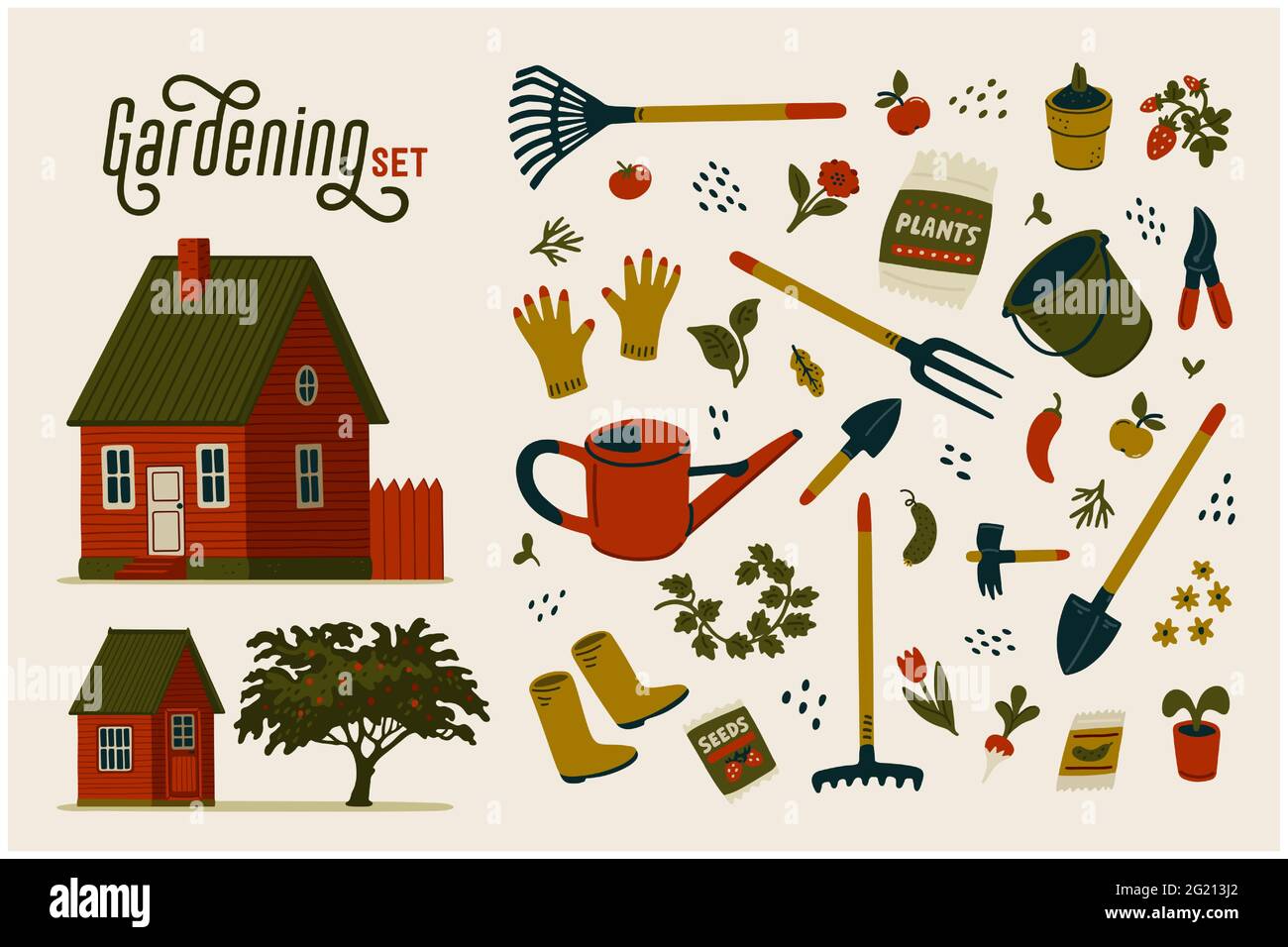 Gardening set. Red farmhouse, barn and different types of tools for ...