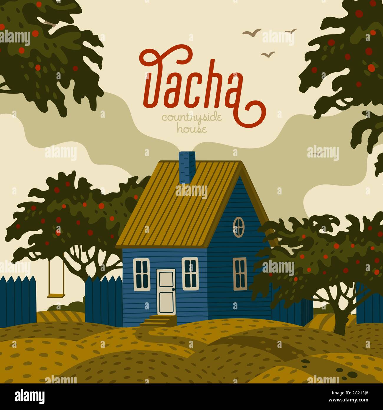 Suburban house - dacha. Rural landscape with blue Barn house in rustic ...