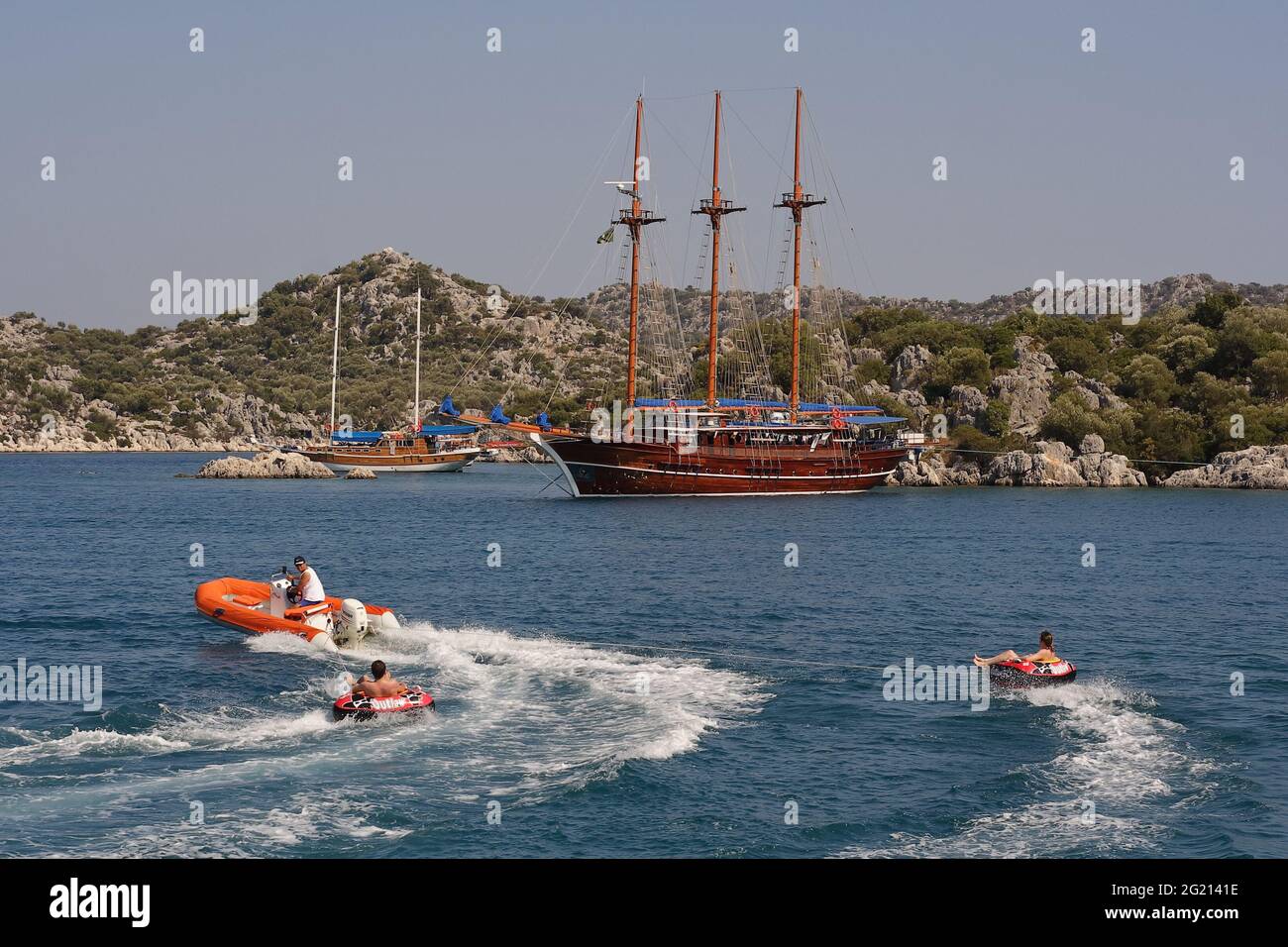Blue Voyage scenes, speed boat and Ringo, Mediterranean coast, Turkey ...