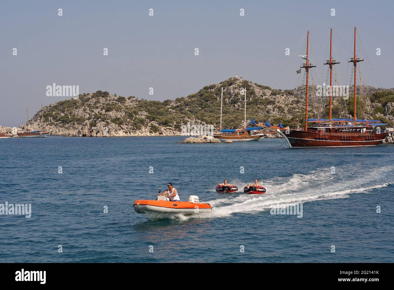 Blue Voyage scenes, speed boat and Ringo, Mediterranean coast, Turkey ...