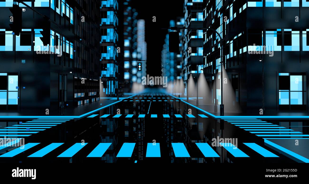 Front night view of an empty city with blue reflective glass buildings ...