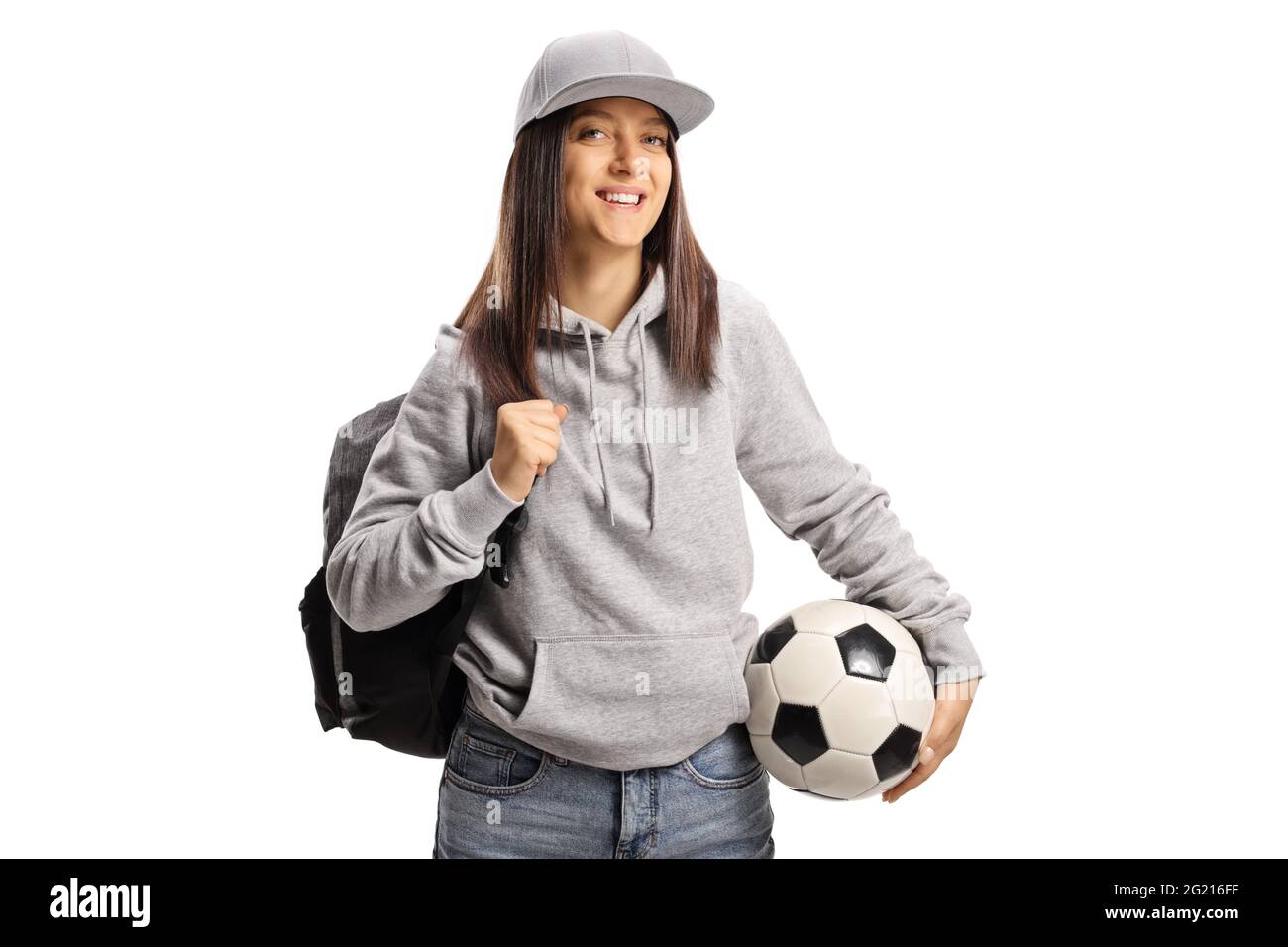 Female student holding a soccer ball isolated on white background Stock ...