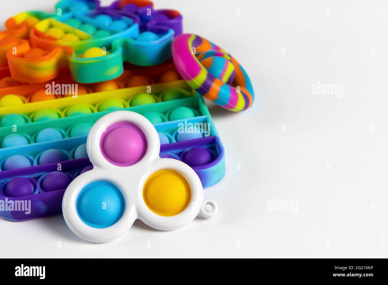 Anti-stress toys pop it, simple dimple, snapperz on white background ...
